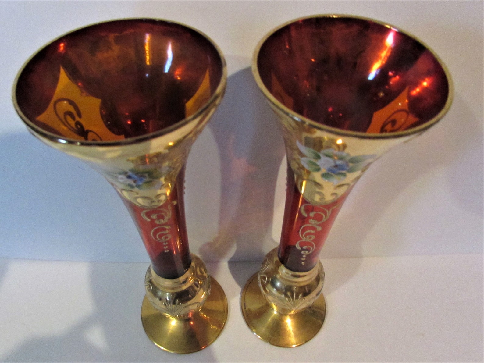 Pare of Beautiful Bohemian Tall Stem Red Glass With 24ct Gold Gilt ...