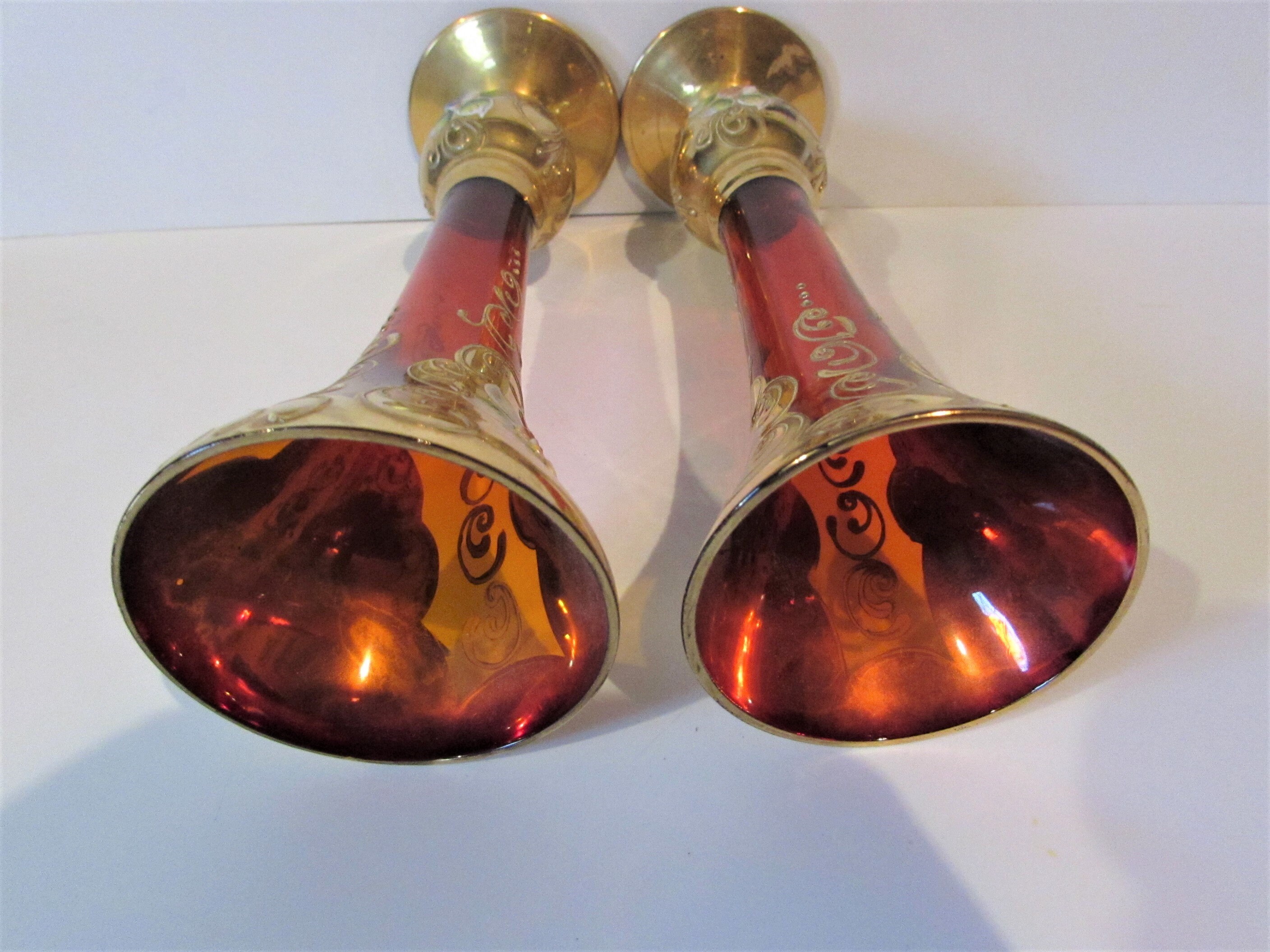 Pare of Beautiful Bohemian Tall Stem Red Glass With 24ct Gold Gilt ...