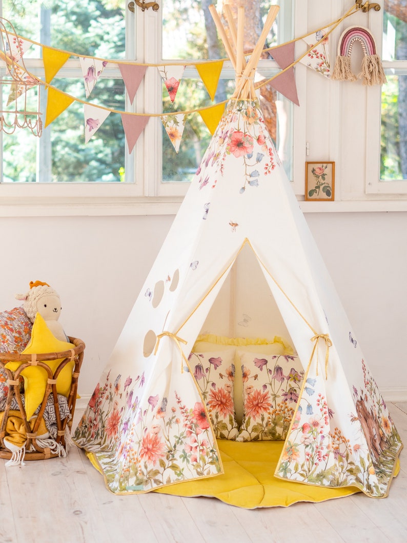 Cotton Teepee Tent for Girls With Deer Print “wildflowers” Floral and ...