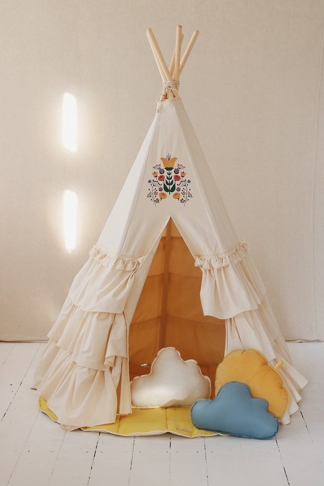 Teepee Set "folk" With Linen Mat Shell or Leaf Mat, Gift for a Girl ...