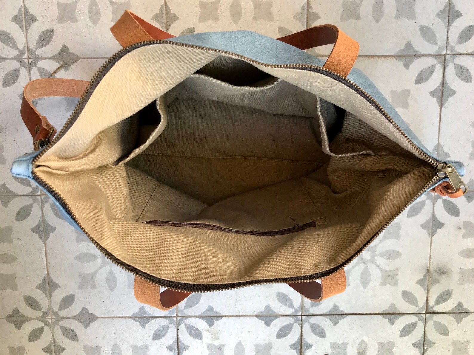 Large Blue Leather Bag With Zip and Inside Lining. Handmade. Minimalist ...