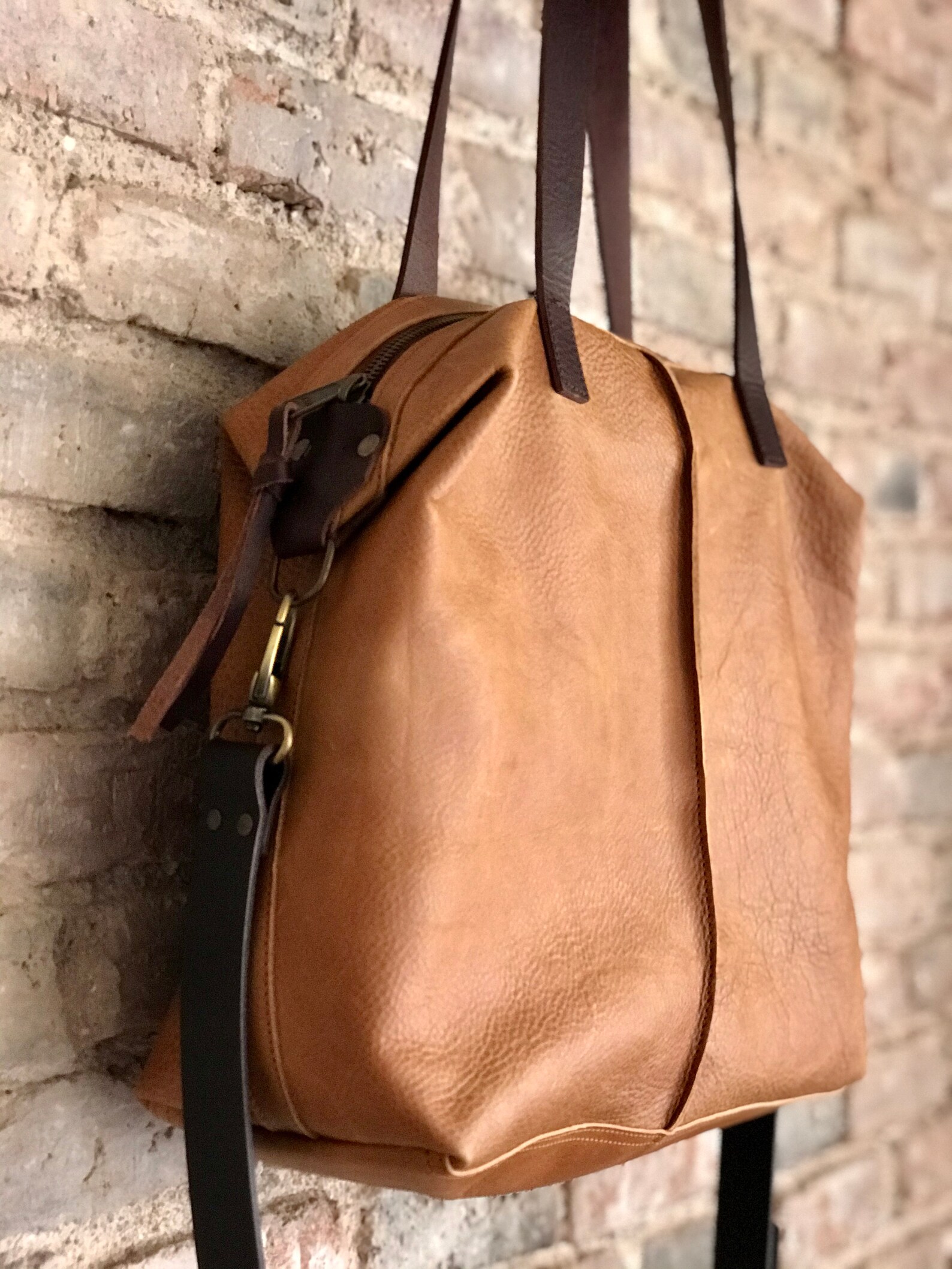 Light Brown Leather Bag With Zip Crossbody Strap and Inside | Etsy