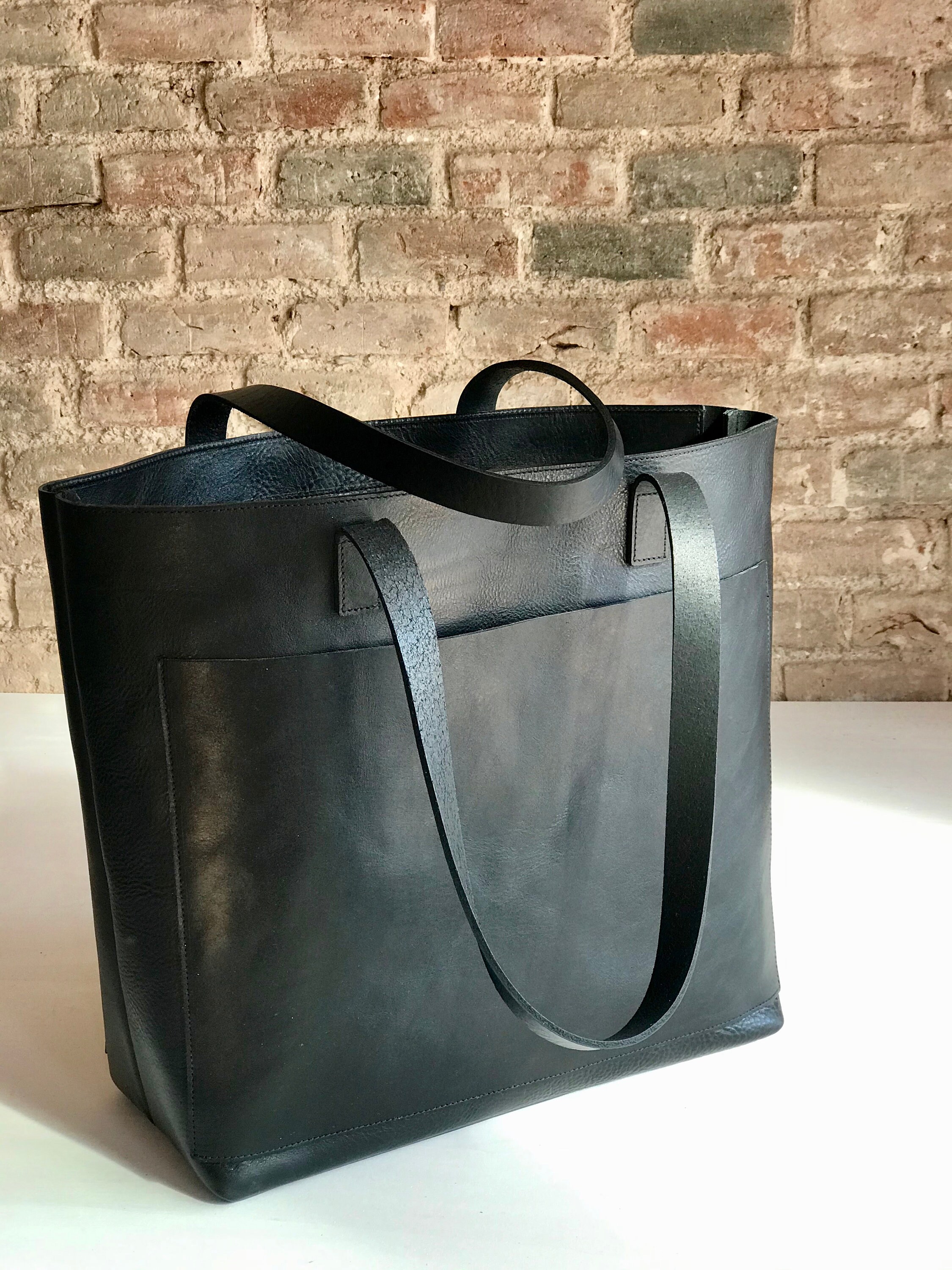 Oversized Black Leather tote bag with outside pockets. Cap Sa | Etsy