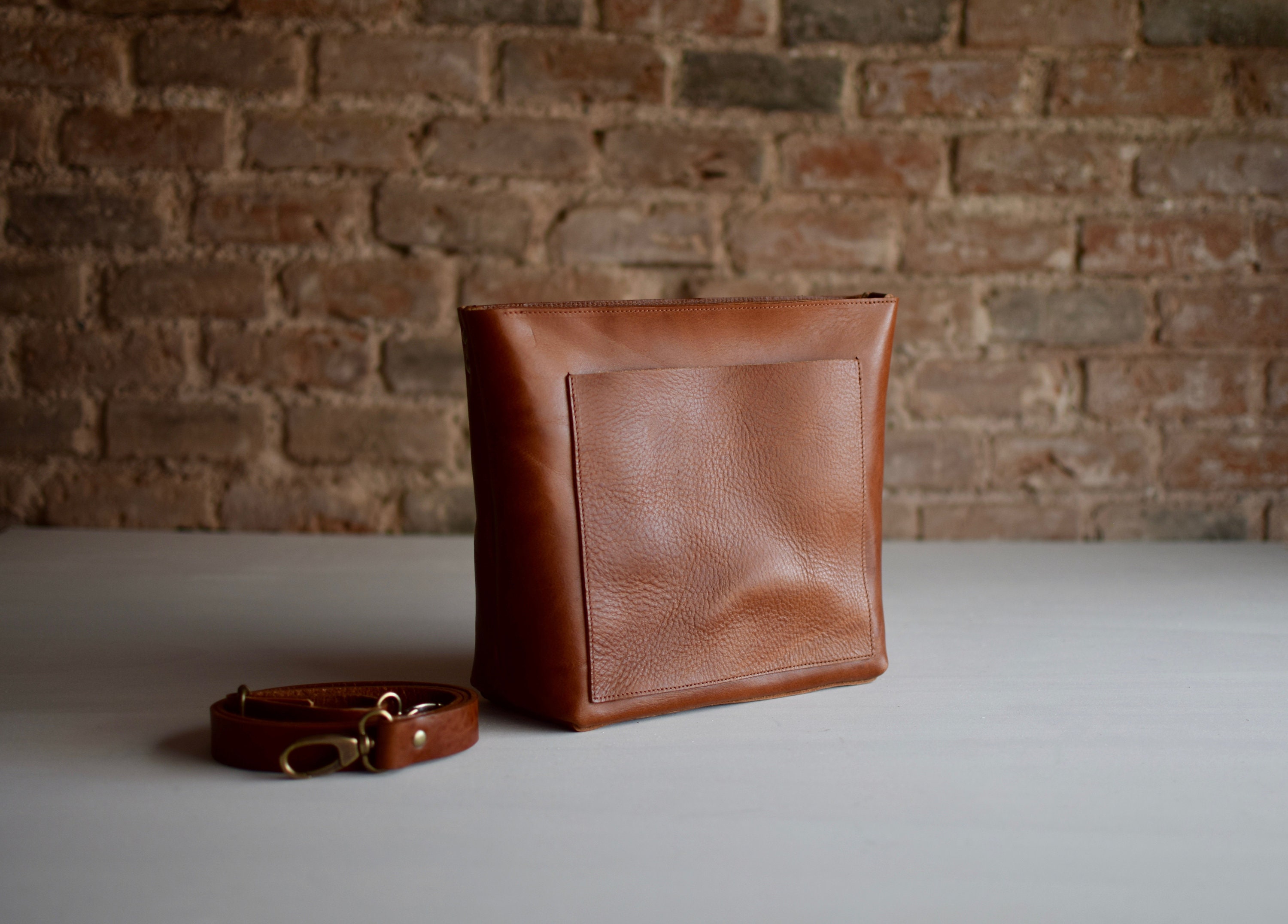 Small COGNAC / TAN Crossbody Leather Bag With Outside Pocket and Zipper ...