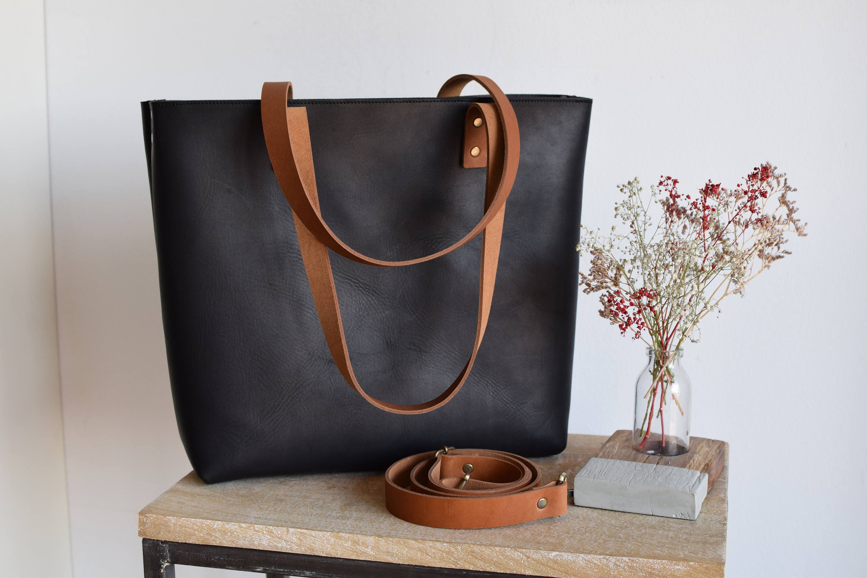 Black Natural Leather Tote Bag With Camel Color Straps. Black and Camel ...