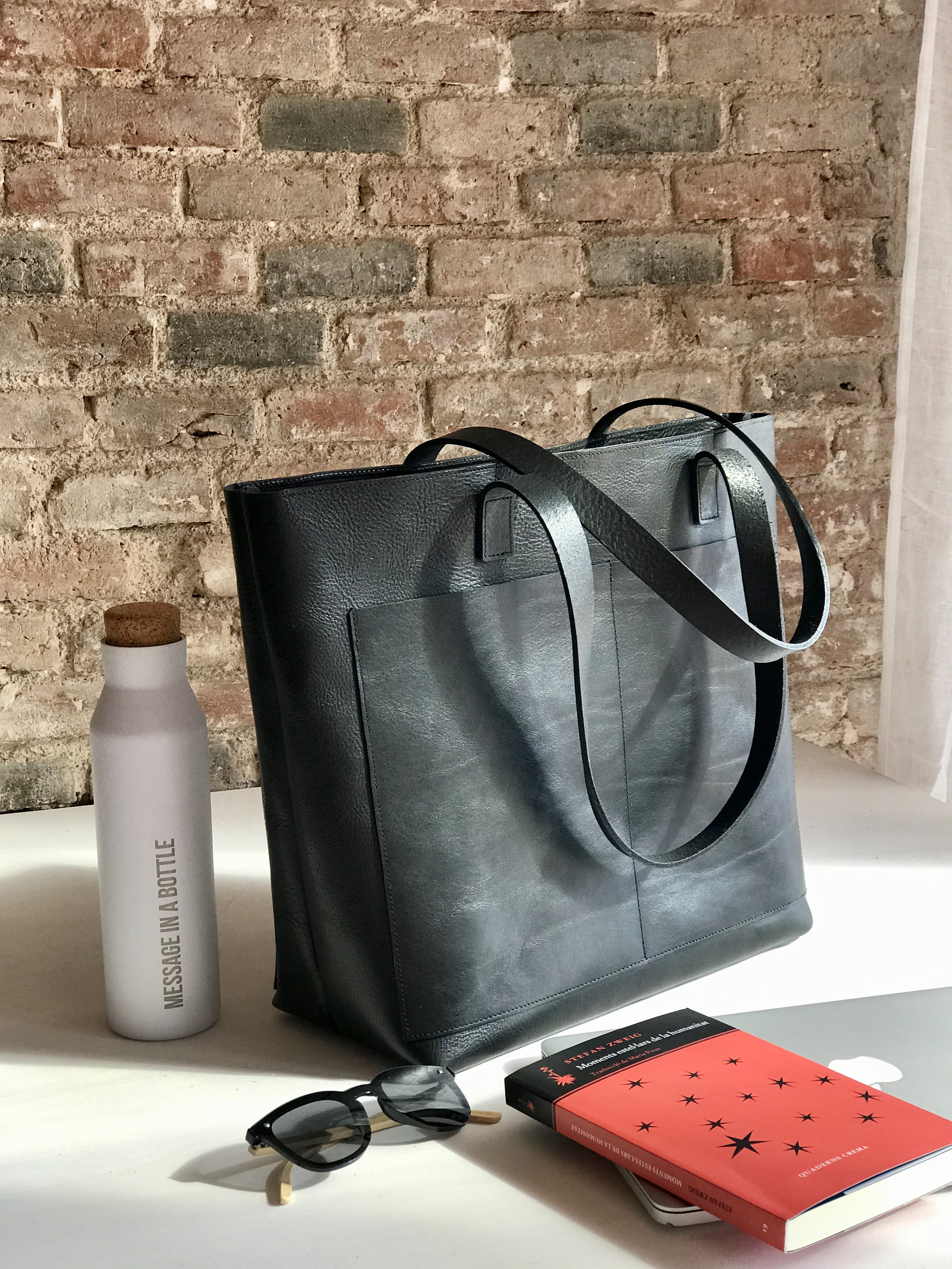 Oversized Black Leather tote bag with outside pockets. Cap Sa | Etsy