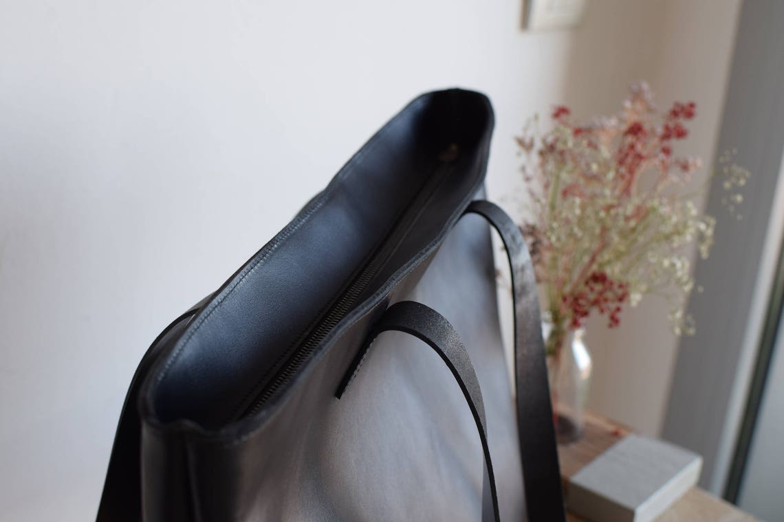 Black Leather Bag With Zip and Inside Lining. Handmade. Zipper ...
