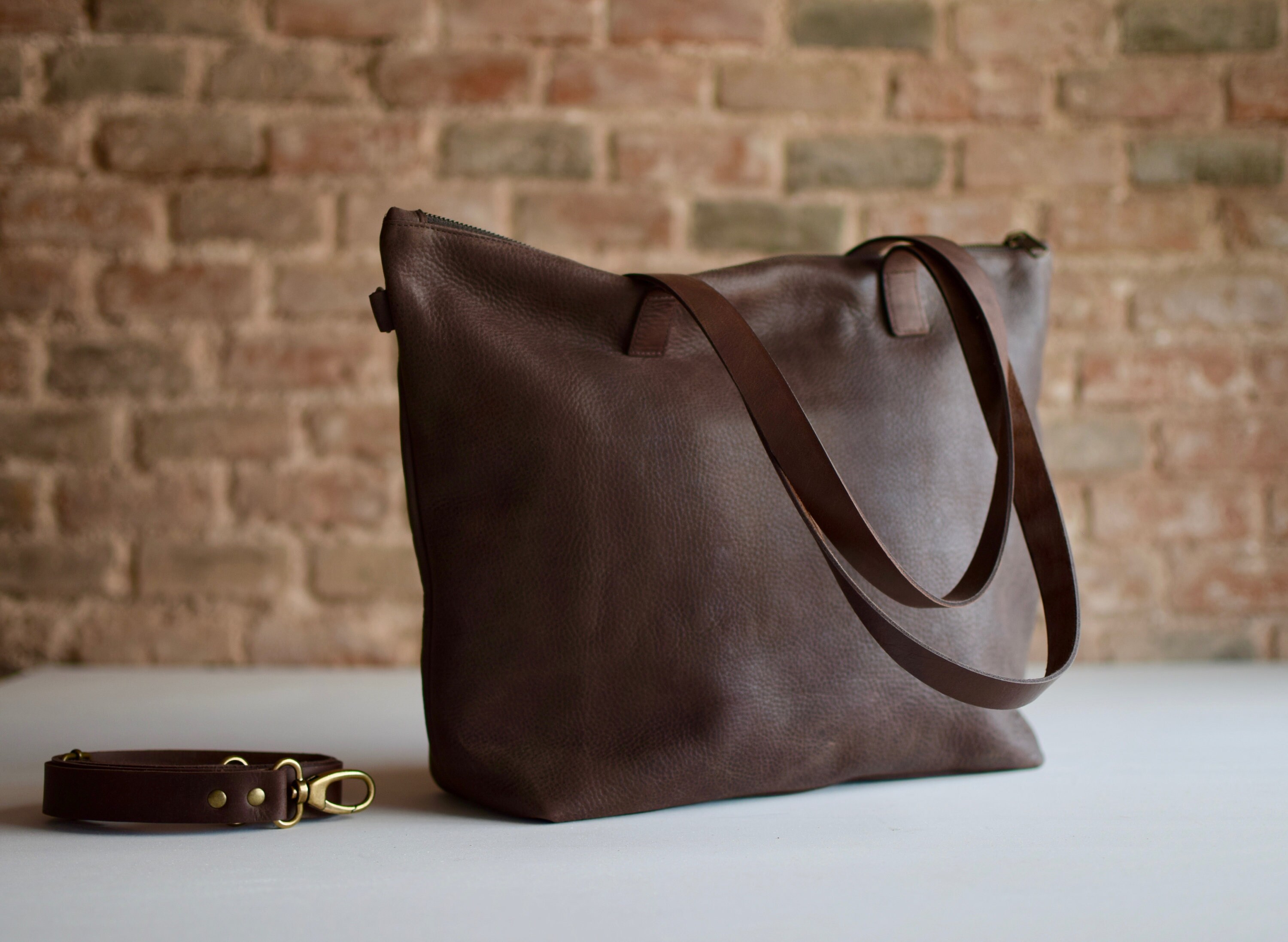 Leather bag with zip and inside lining. Dark brown super soft full ...