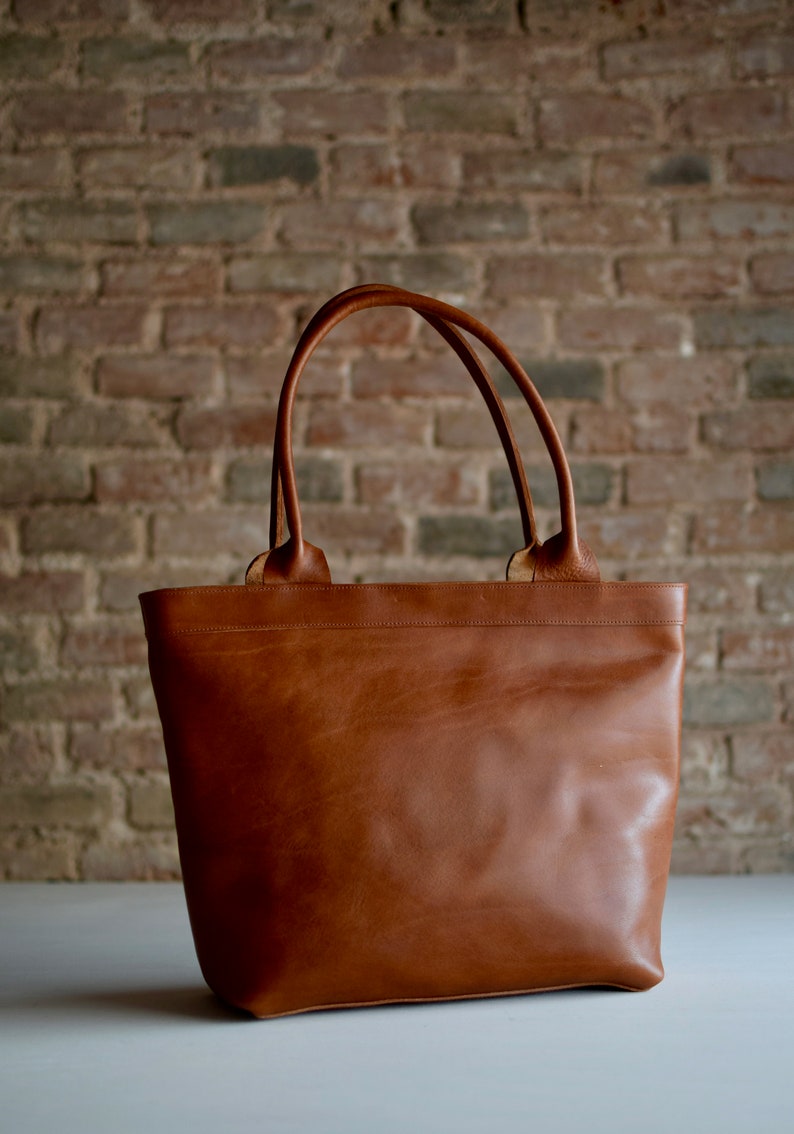 Cognac Leather Tote Bag With Zipper and Inside Lining. Handmade. - Etsy