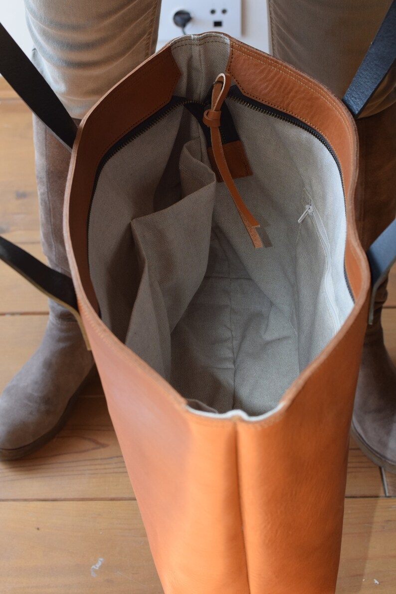 Camel Leather Tote Bag With Zipper and Inside Lining. Cap Sa - Etsy