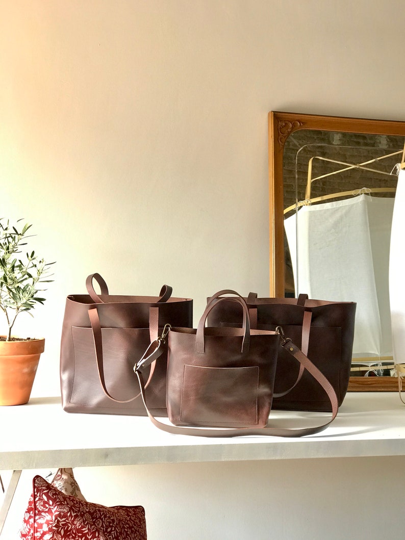 Leather Tote Bag With Outside Pocket. 4 Sizes and 4 Colors | Etsy