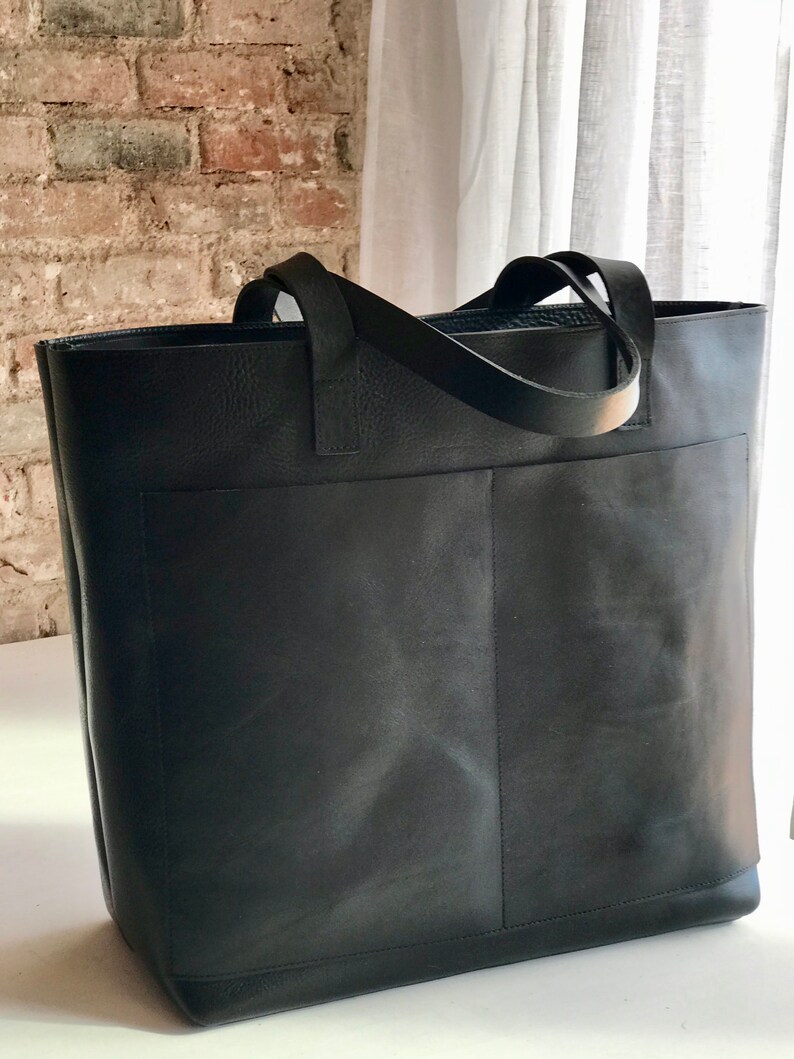 Oversized Black Leather tote bag with outside pockets. Cap Sa | Etsy