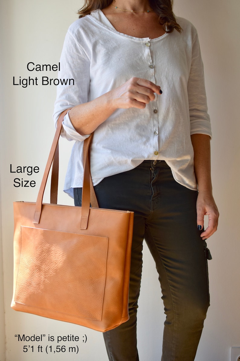 Leather Tote Bag With Large Outside Pocket. 4 Colors - Etsy