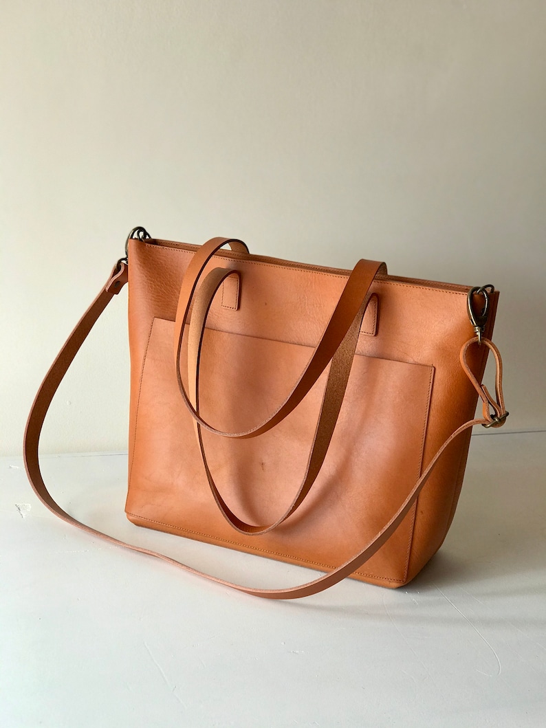 Leather Tote Bag With Large Outside Pocket. 4 Colors - Etsy