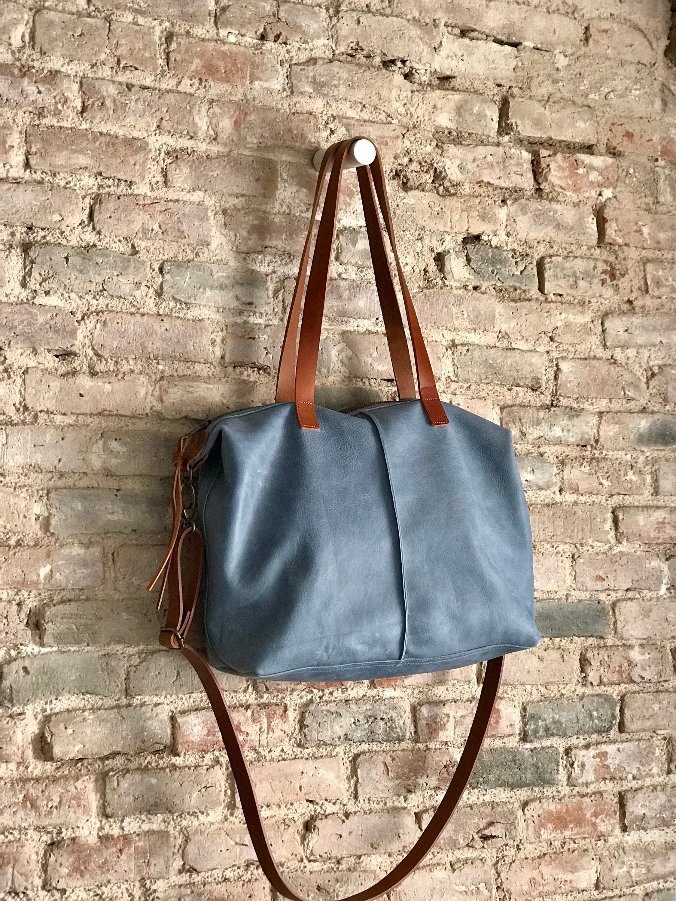 Blue Leather Bag With Zip, Crossbody Strap and Inside Lining. New ...