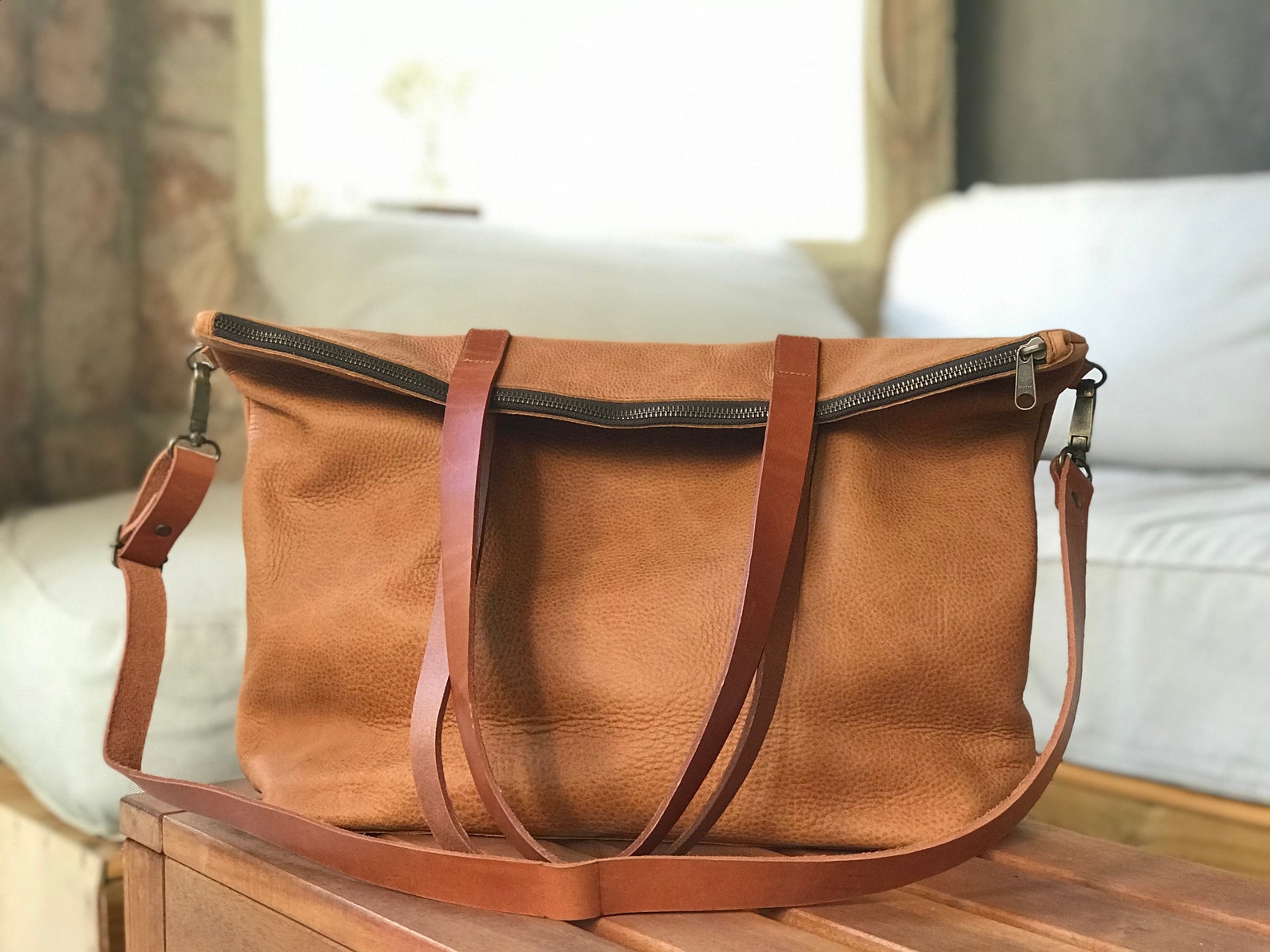 Light Brown Leather Bag With Zip and Inside Lining. Handmade ...