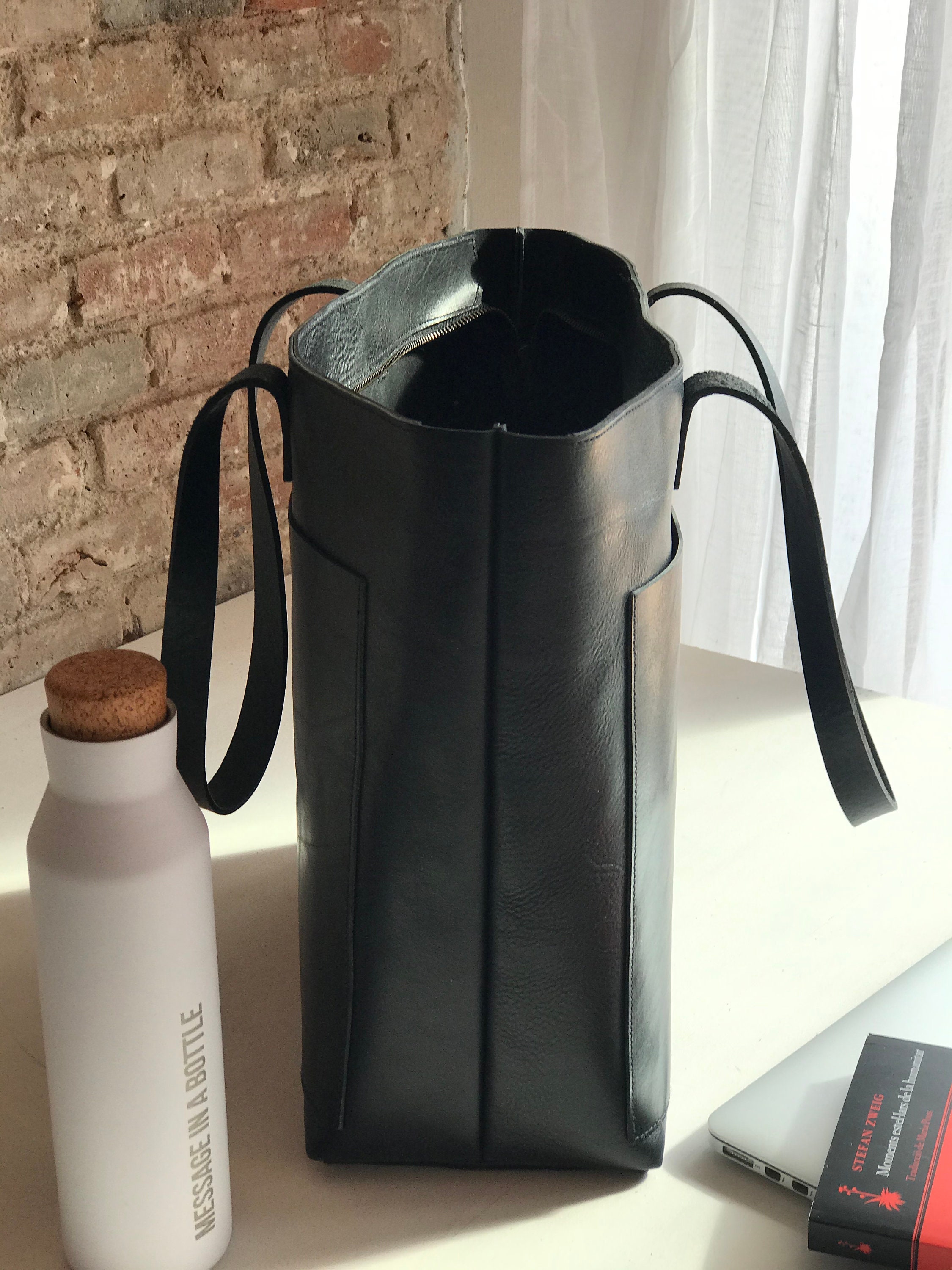 Oversized Black Leather tote bag with outside pockets. Cap Sa | Etsy