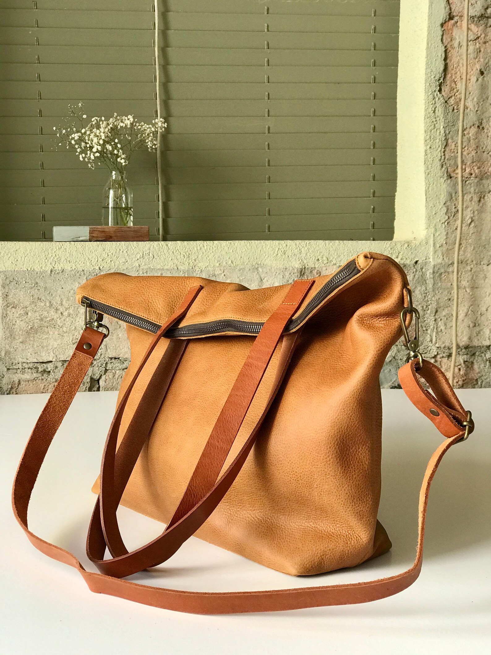 Light Brown Leather Bag With Zip and Inside Lining. Handmade ...