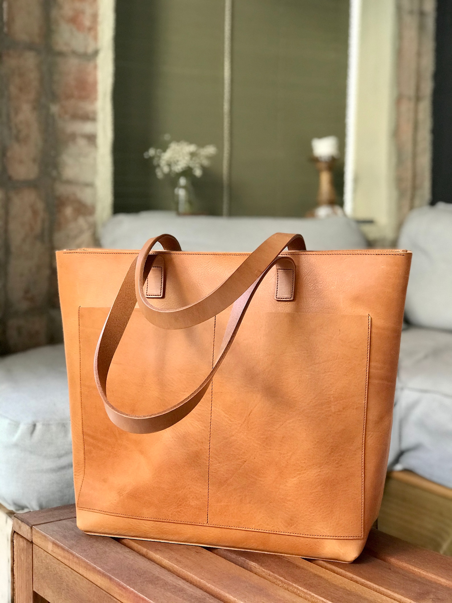 Oversized Camel Leather Tote Bag With Outside Pockets. Cap Sa - Etsy