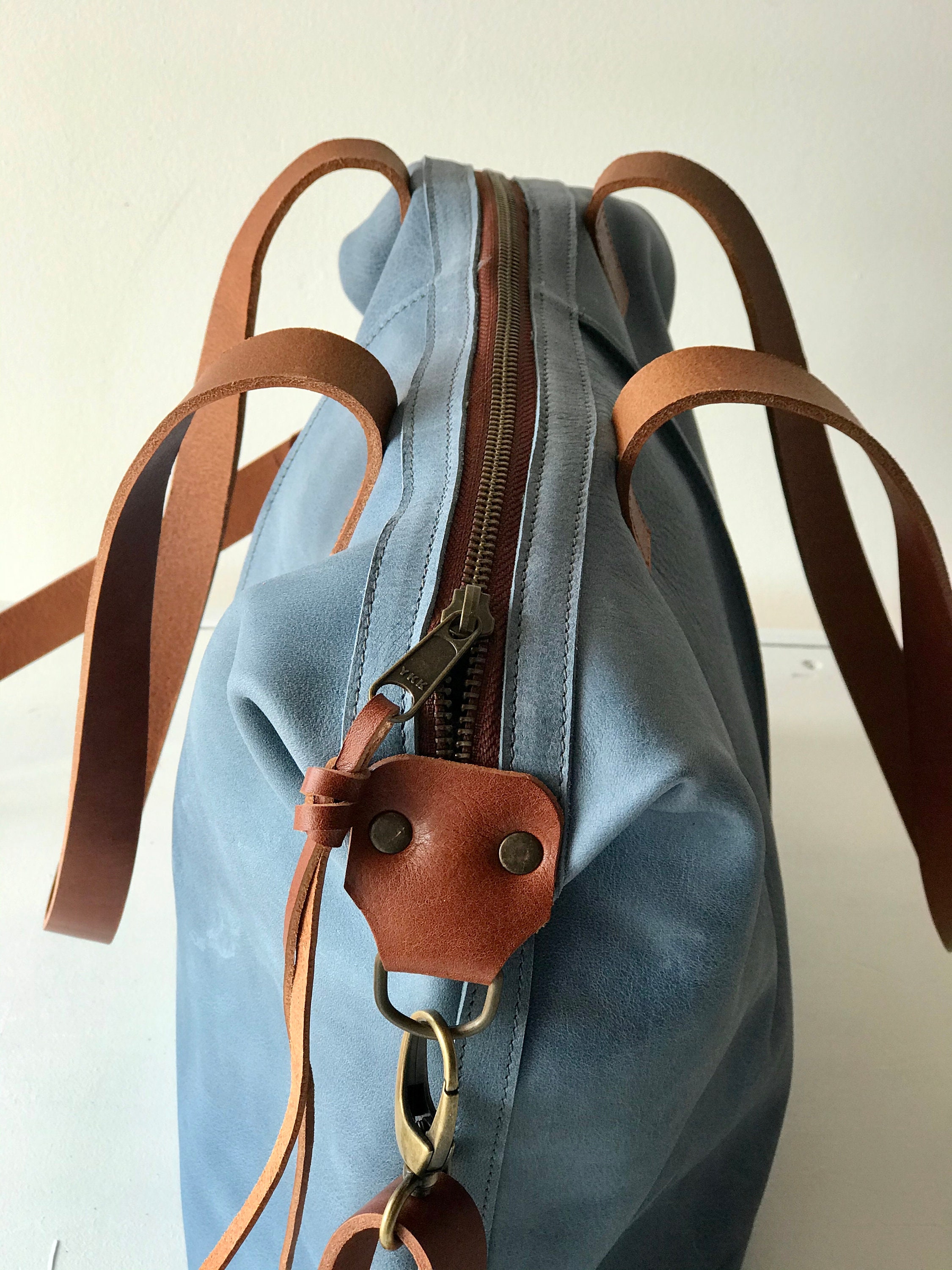 Blue Leather Bag With Zip, Crossbody Strap and Inside Lining. New ...