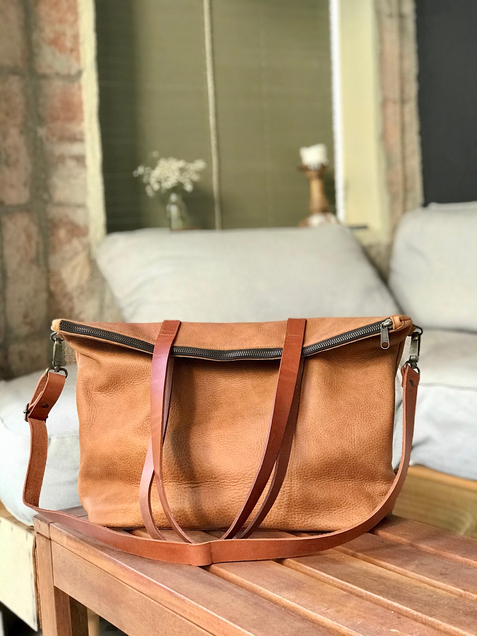 Light Brown Leather Bag With Zip and Inside Lining. Handmade ...