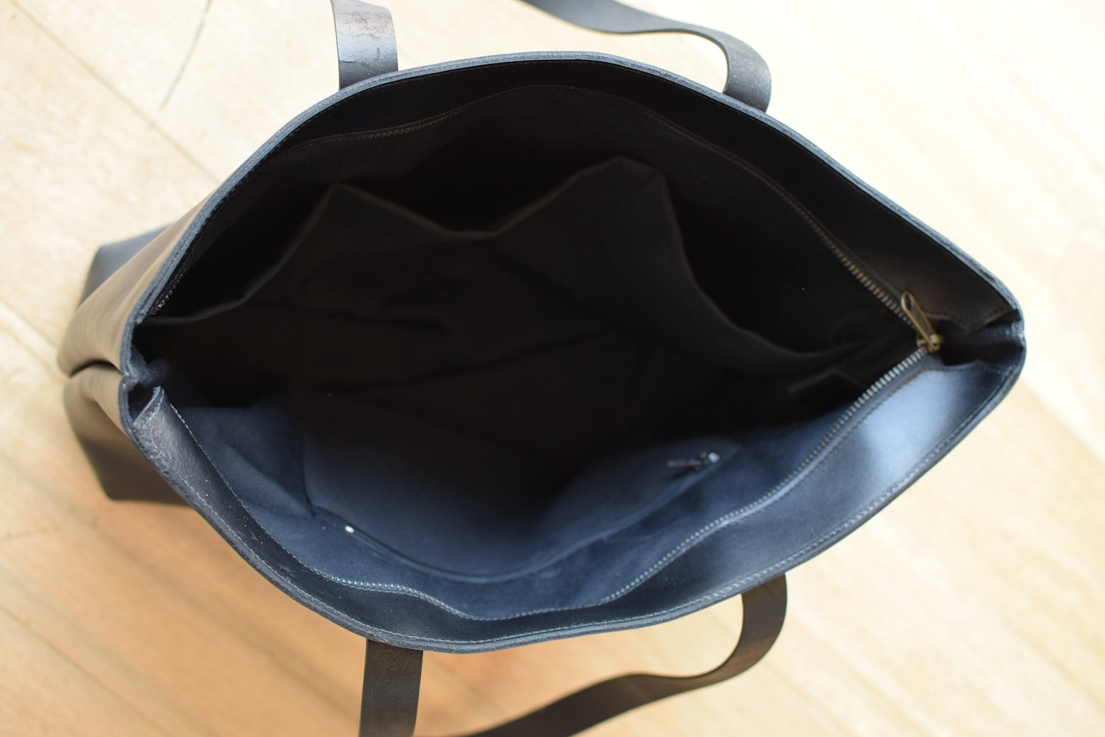 Black Leather Bag With Zip and Inside Lining. Handmade. Zipper ...