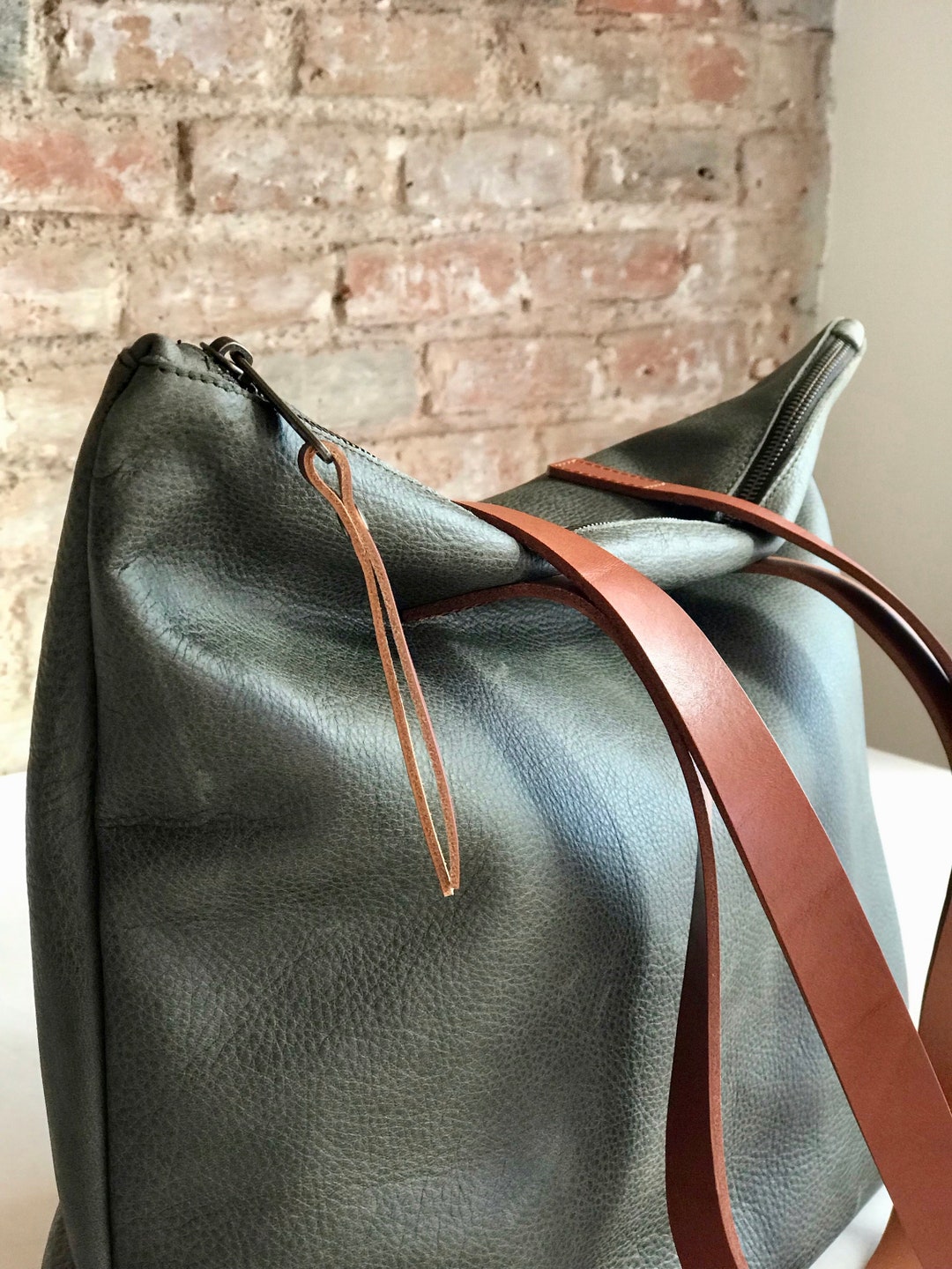 Olive Green Leather Bag With Zip and Inside Lining. Handmade ...