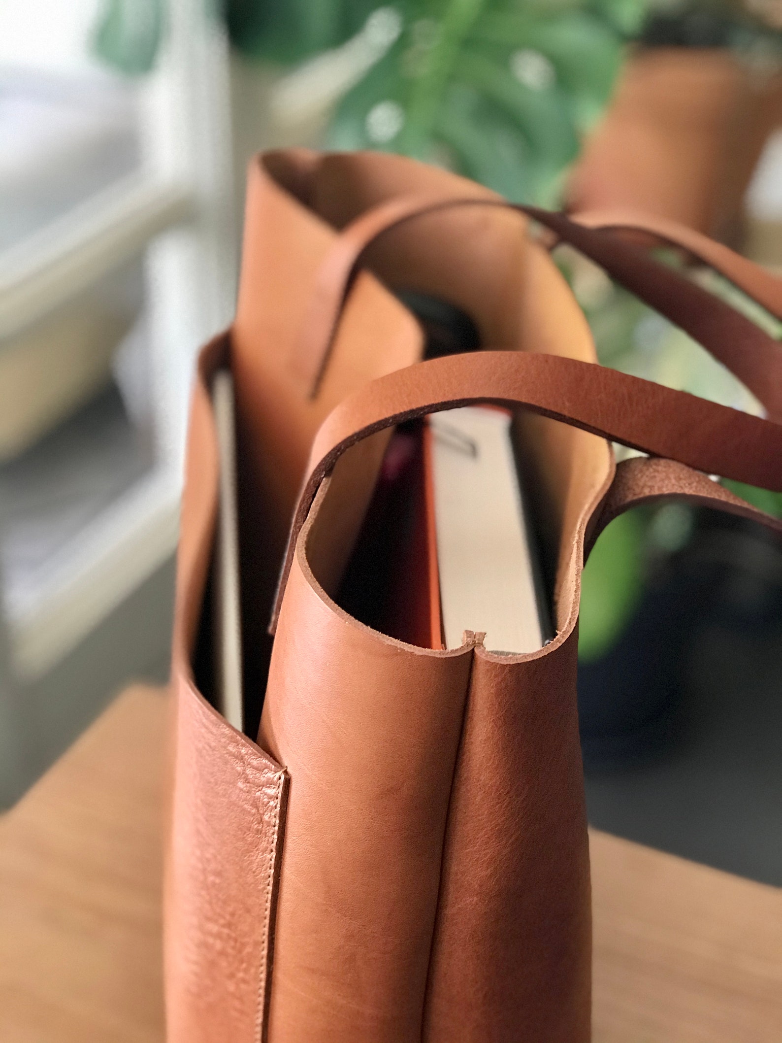 MEDIUM Camel Leather Tote Bag With Large Outside Pocket. New - Etsy
