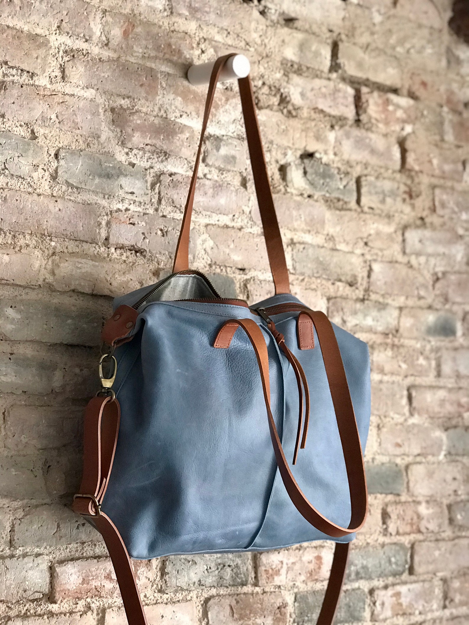 Blue Leather Bag With Zip Crossbody Strap and Inside Lining. - Etsy