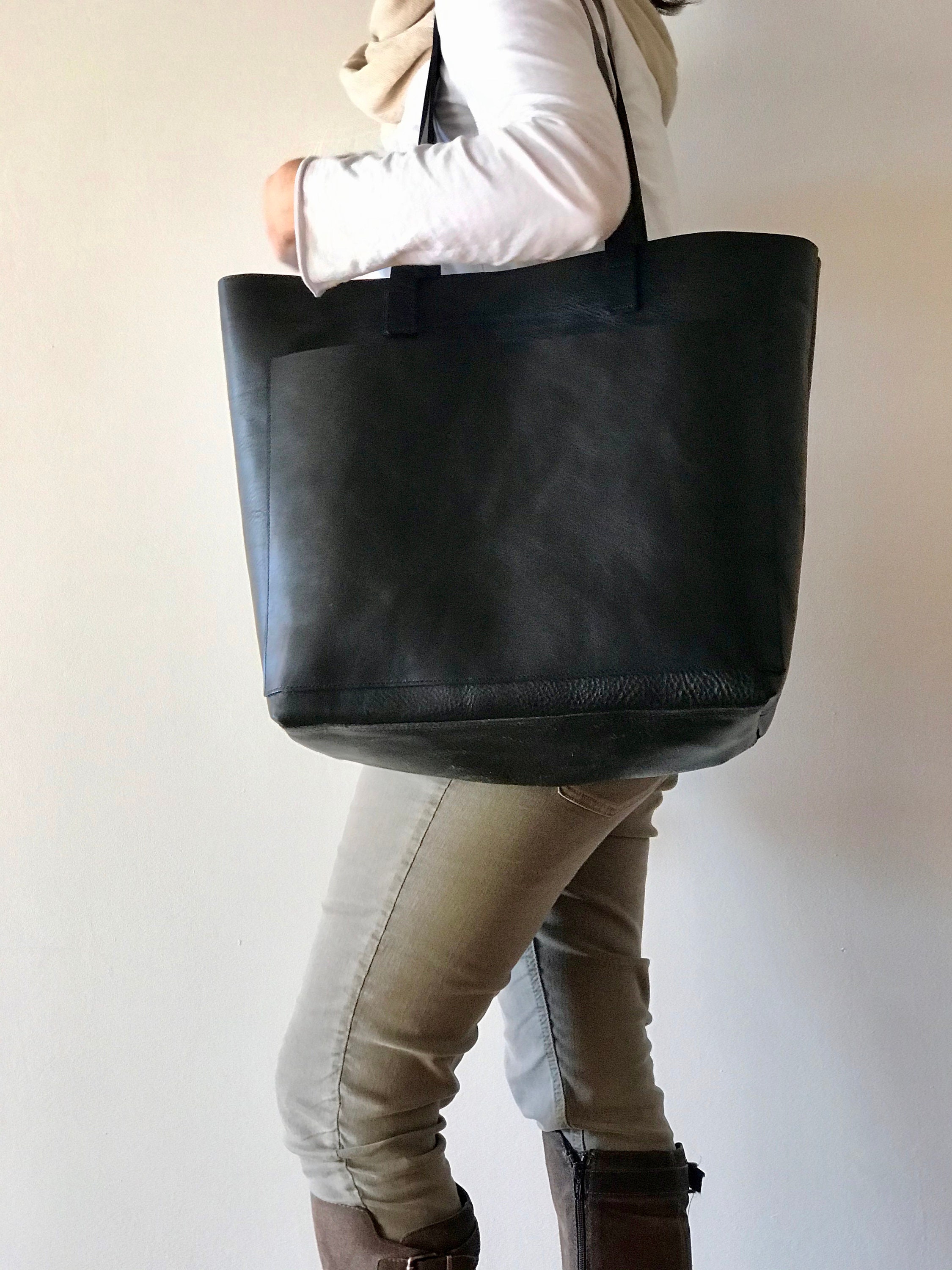 Oversized Black Leather tote bag with outside pockets. Cap Sa | Etsy