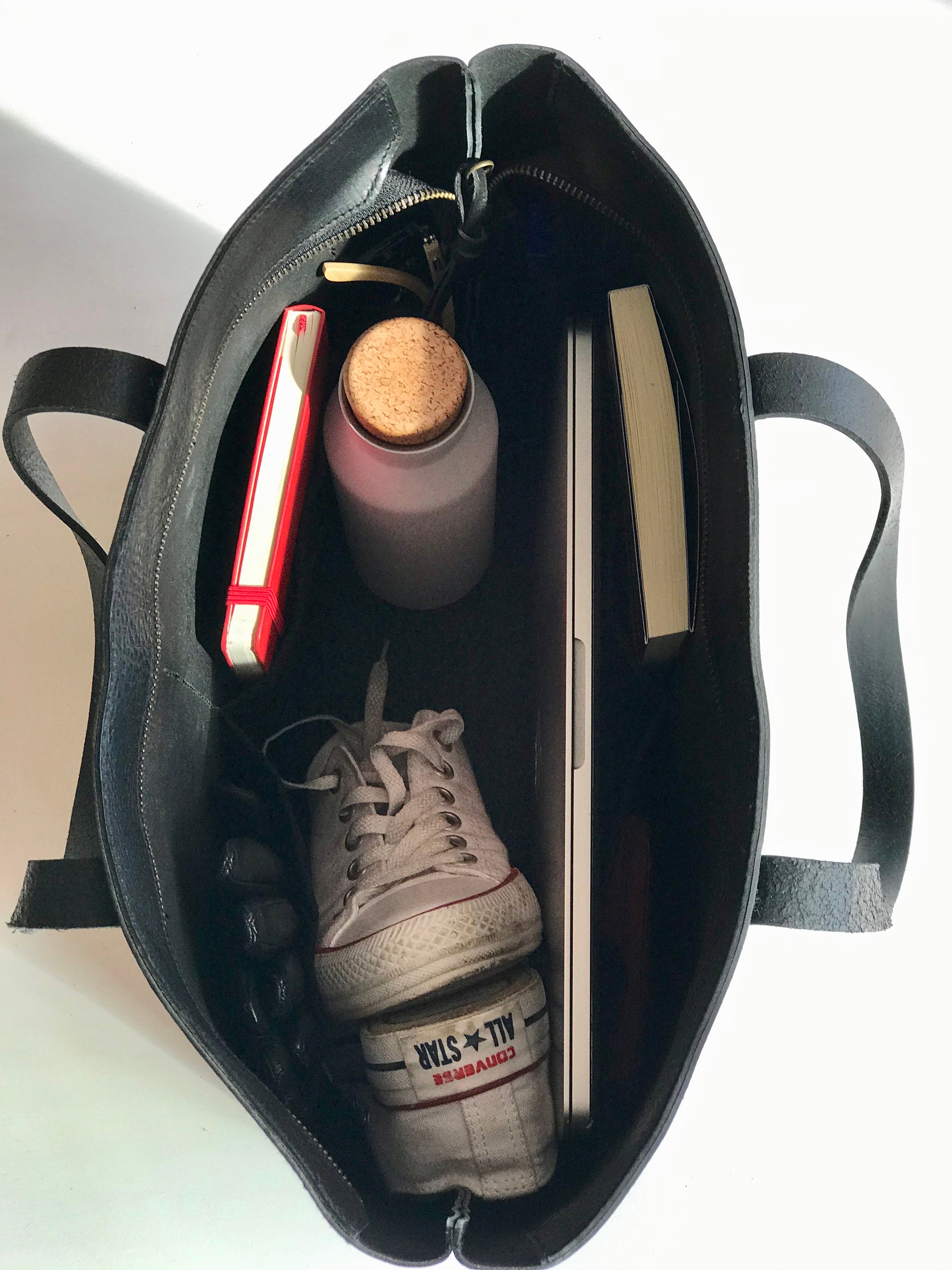 Oversized Black Leather tote bag with outside pockets. Cap Sa | Etsy