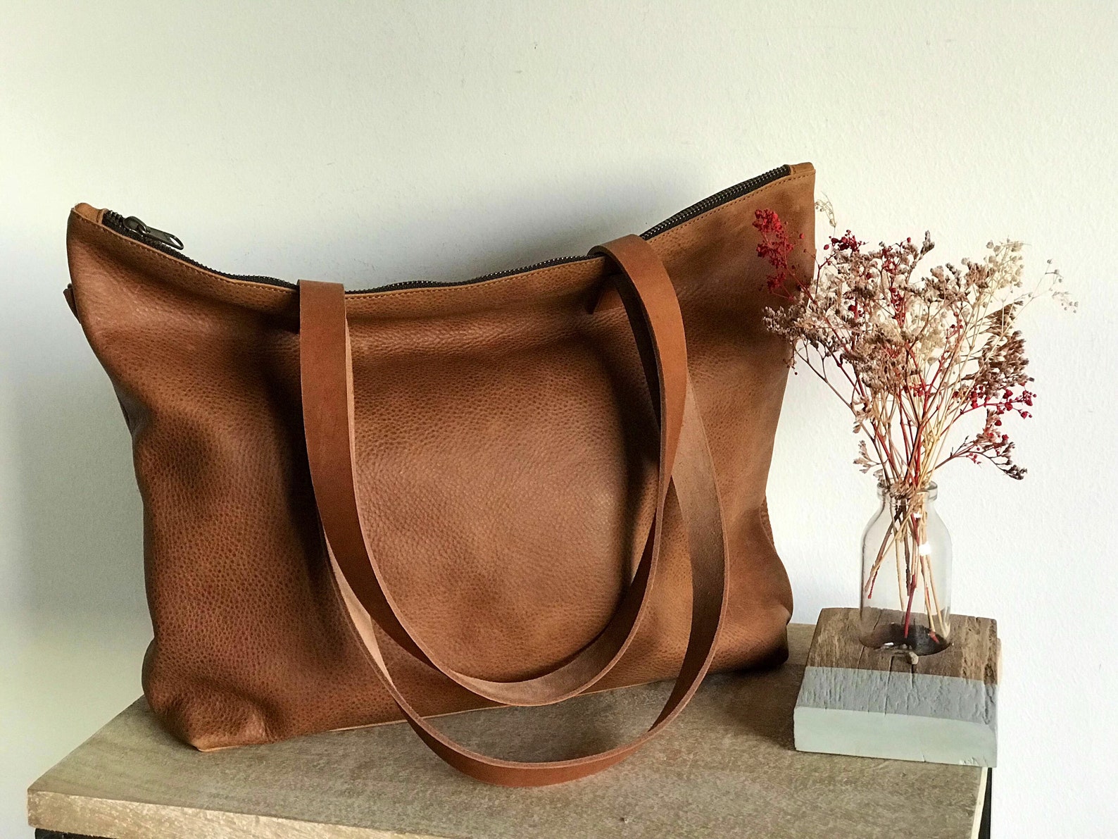 Light Brown Leather Bag With Zip and Inside Lining. Handmade ...