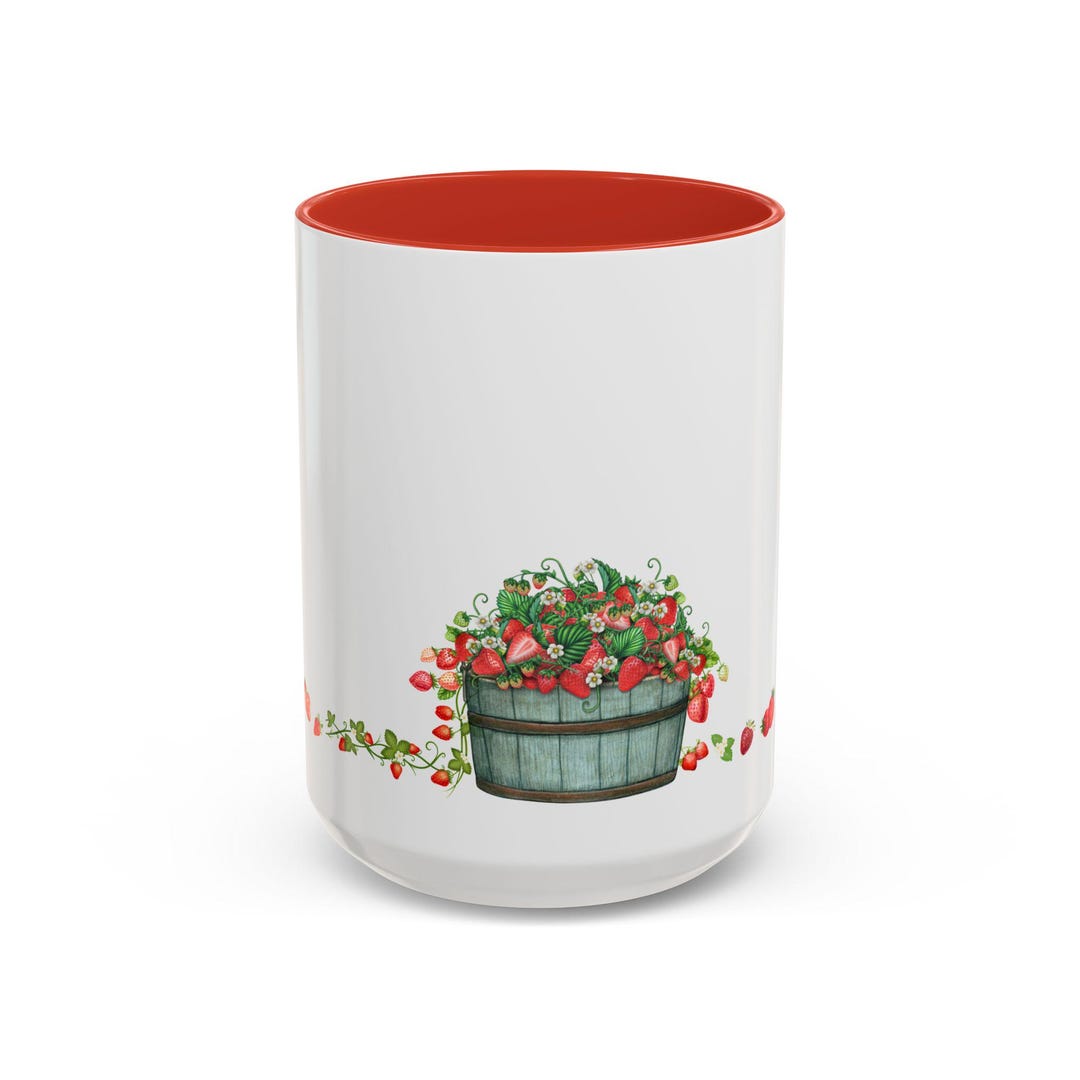 Red Inside Coffee Mug With Watercolor Strawberries Farmhouse Style ...