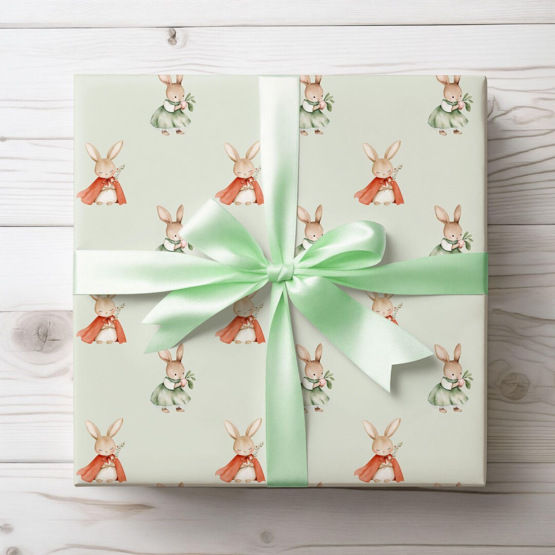 Wrapping Papers - Sage Green Background With Adorable Rabbits, Gift ...
