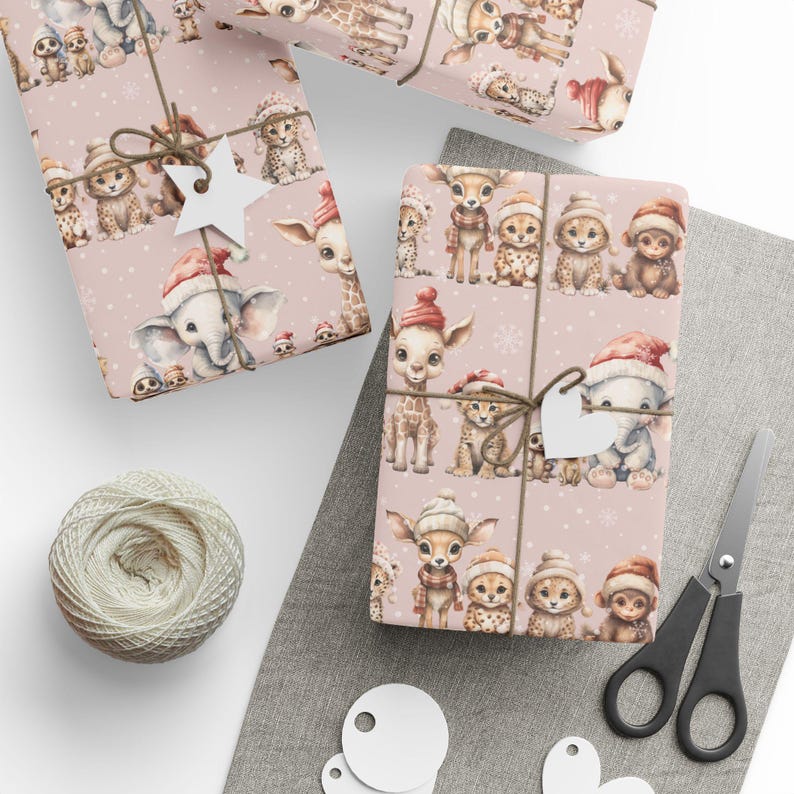 Wrapping Paper, Cute Jungle Creatures Winter Wear Gift Wrap, Baby ...