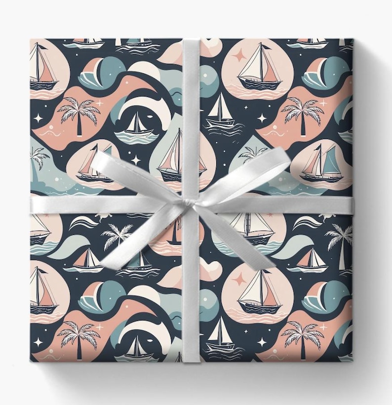 Beachy Wrapping Papers, Palm Trees, Waves, Sailboats, Pastel Colors ...
