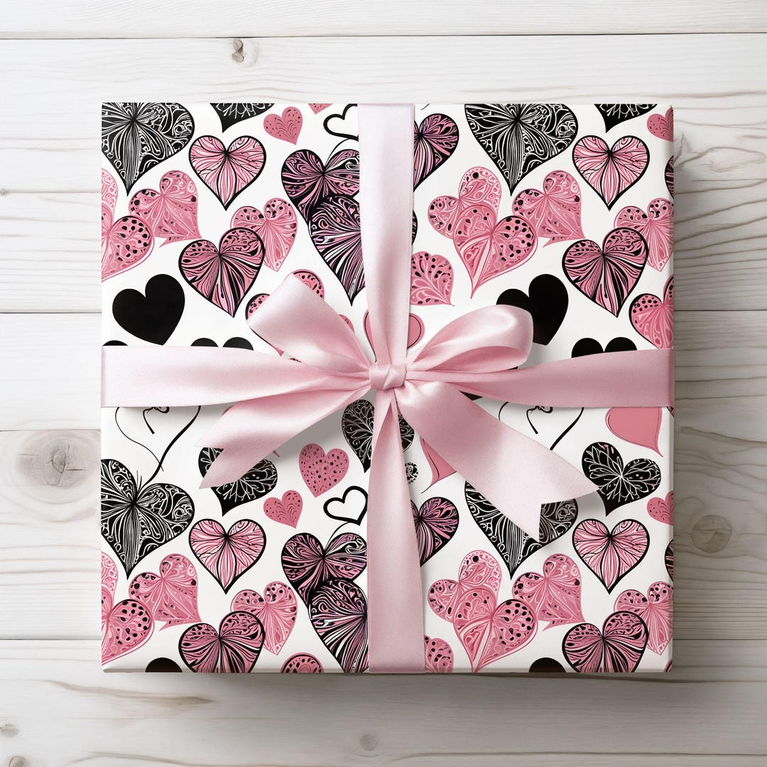 Pink & Black Heart Pattern Wrapping Paper - Etsy