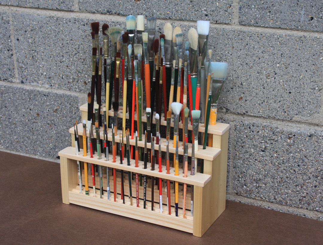 LARGE THREE-LEVEL Wooden Paint Brush Holder Paintbrush Stand Wood ...