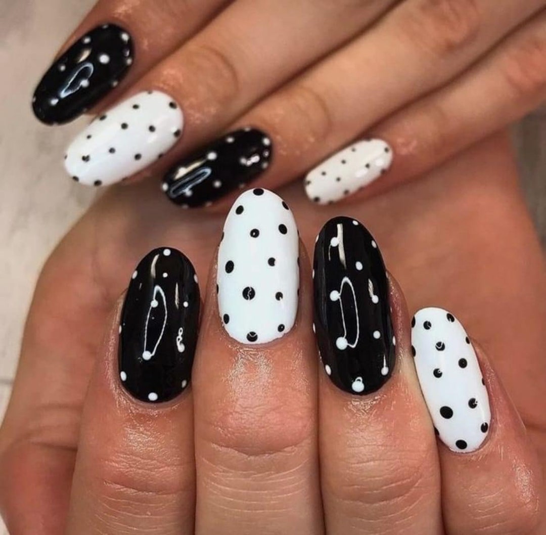 Luxury Black and White Polka Dot Dots Gel Press on Nails - Etsy