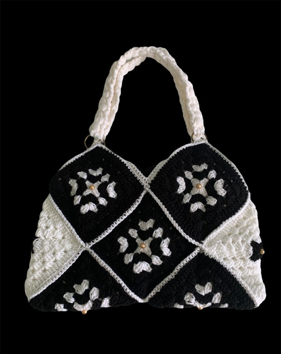 Granny Square Crochet Knit Purse Shoulder Bag Black W… - Gem