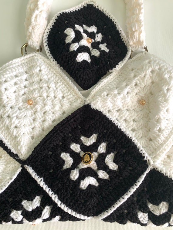 Granny Square Crochet Knit Purse Shoulder Bag Black W… - Gem