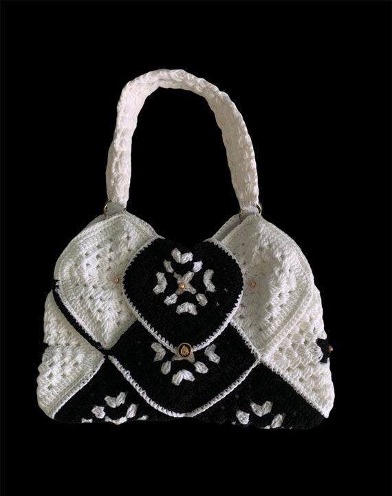 Granny Square Crochet Knit Purse Shoulder Bag Black W… - Gem