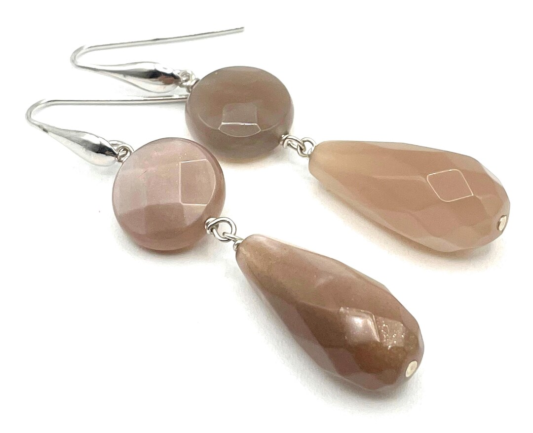 Beige Sunstone Earrings, 925 Sterling Silver Dangle, Natural Gemstone ...