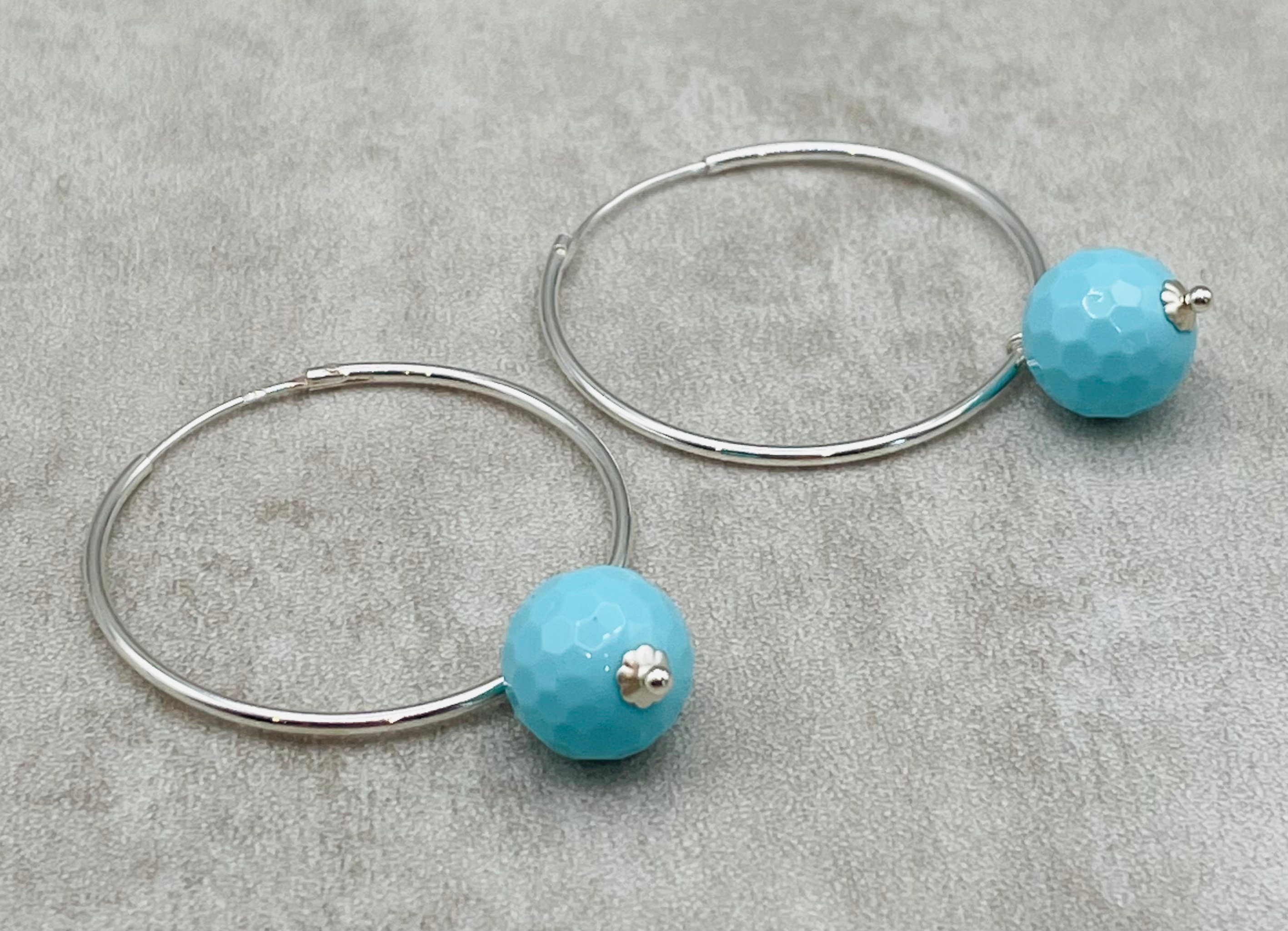 Large Silver Hoops 30 Mm Turquoise Earrings 925 Sterling - Etsy