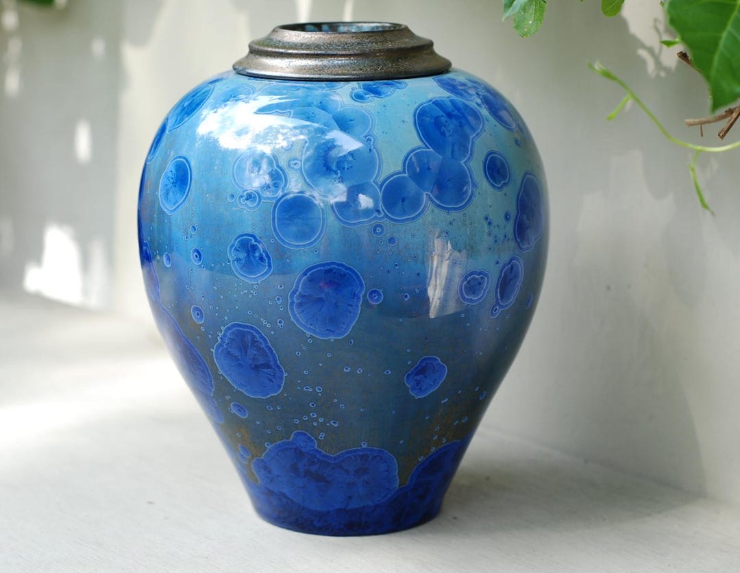 Crystalline Pottery Cremation Urn: Blue Ceramic Funeral Urn (109 Cubic ...