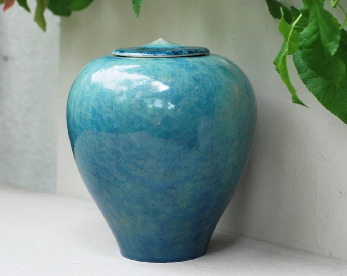 Crystalline Pottery Cremation Urn: Turquoise Ceramic Funeral Urn - Etsy