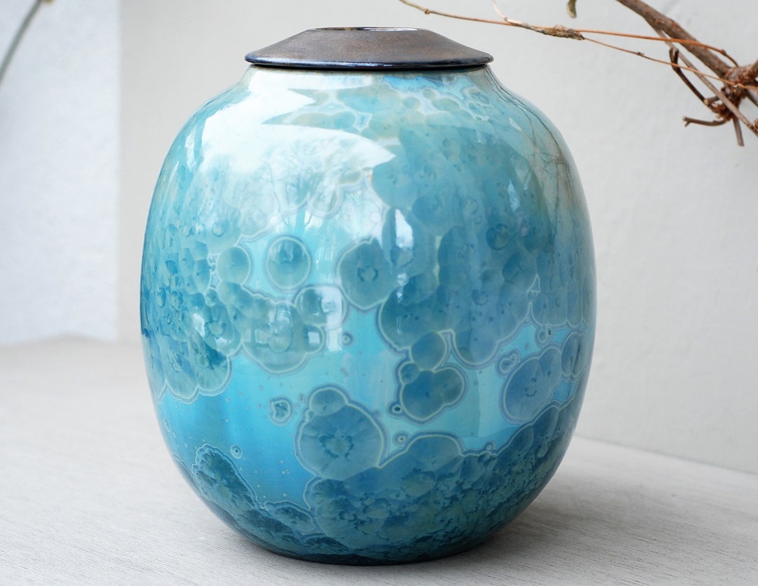 Urns for Human Ashes, Crystalline Pottery, Blue Cremation Urns, Round ...