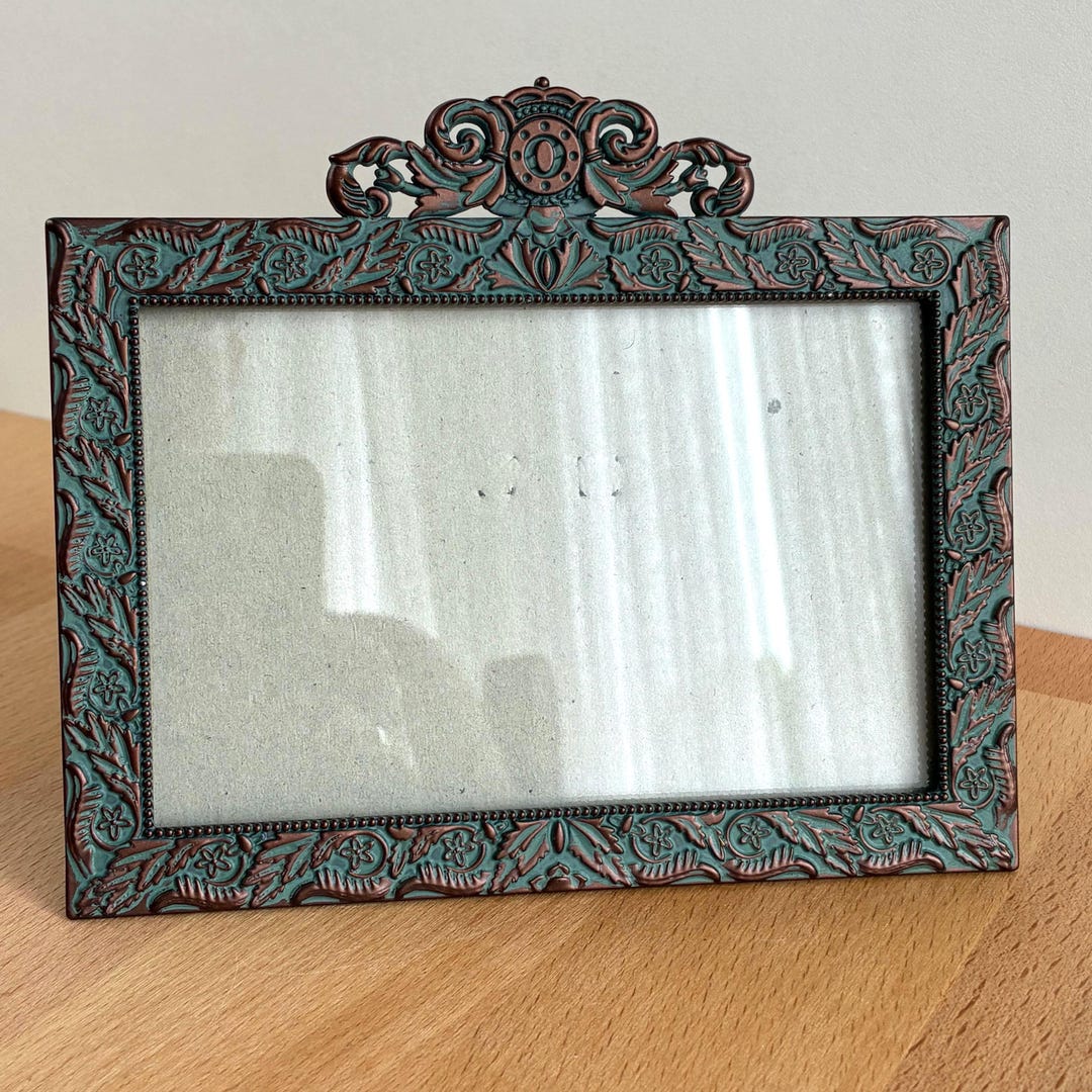 Bronze Verdigris Ornate Small Photo Frame...florals Scrolls Leaves Teal ...