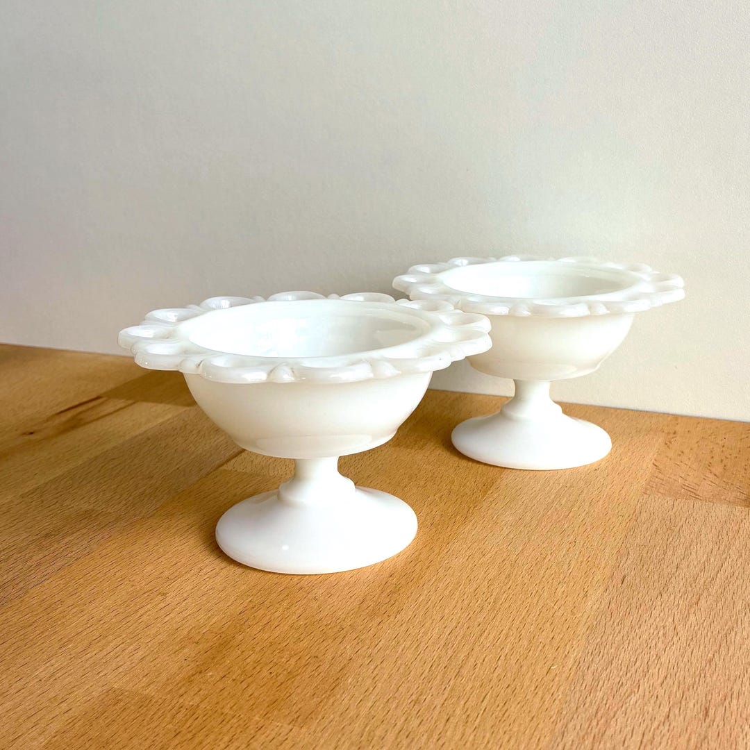 Vintage Set 2 Milk Glass Compote Dessert Dishes...lace Pattern Serving ...