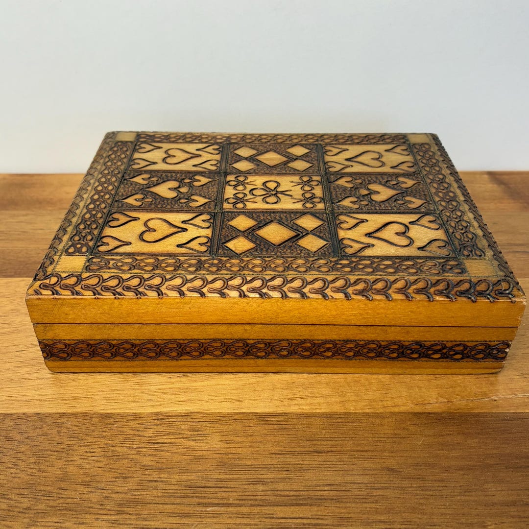 Vintage Polish Wooden Box...hand-decorated Folk Art Pyrography...card ...